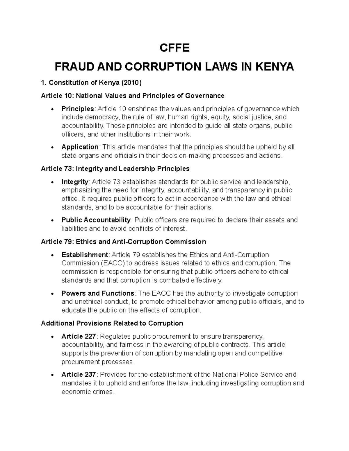 **Fraud and Corruption Laws in Kenya - CFFE Overview** - Studocu