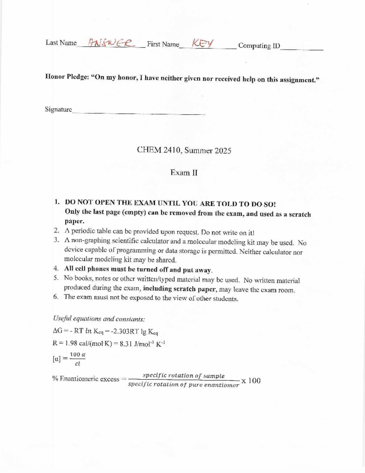 CHEM 2410 Summer 2025 Exam II Answer Key - Studocu