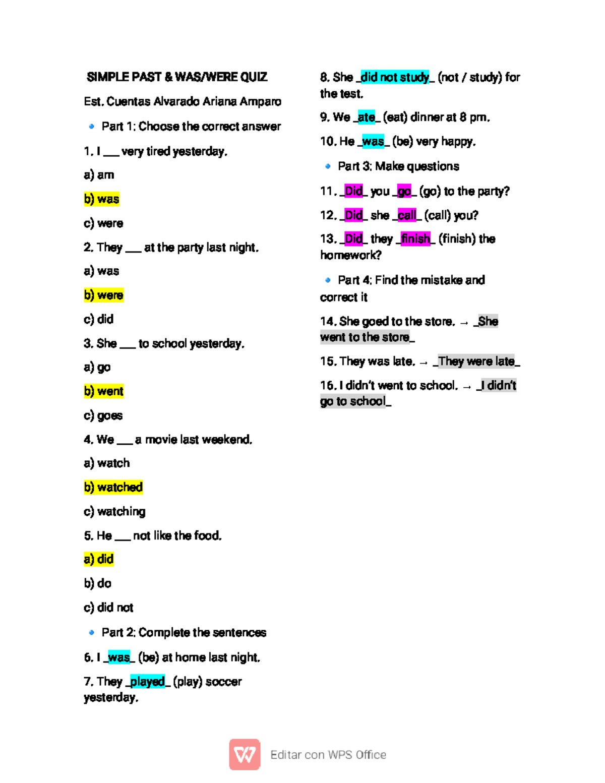 SIMPLE PAST QUIZ Est. Cuentas Alvarado Ariana Amparo - Studocu
