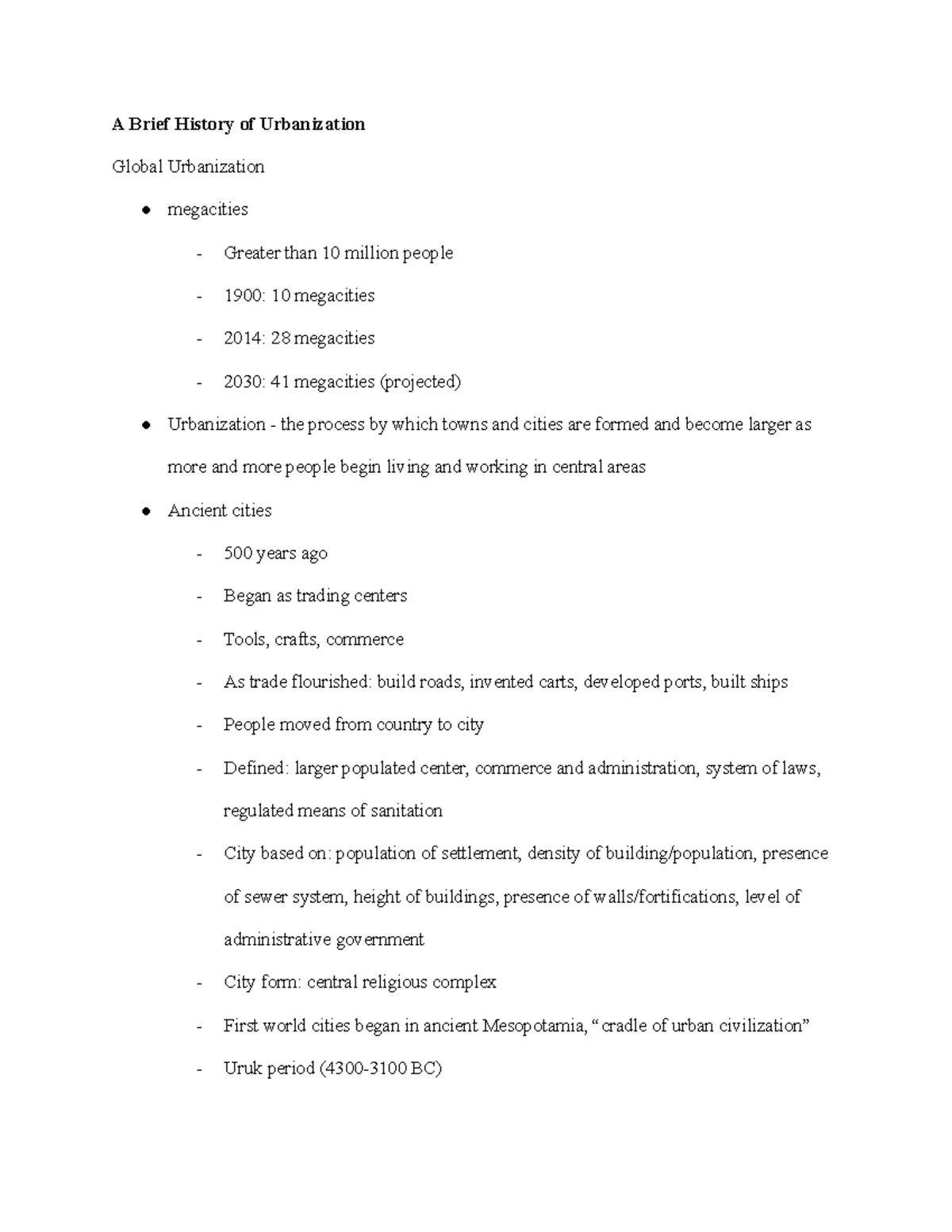 Landscapes and Sustainability History of Urbanization Lecture Notes - A ...