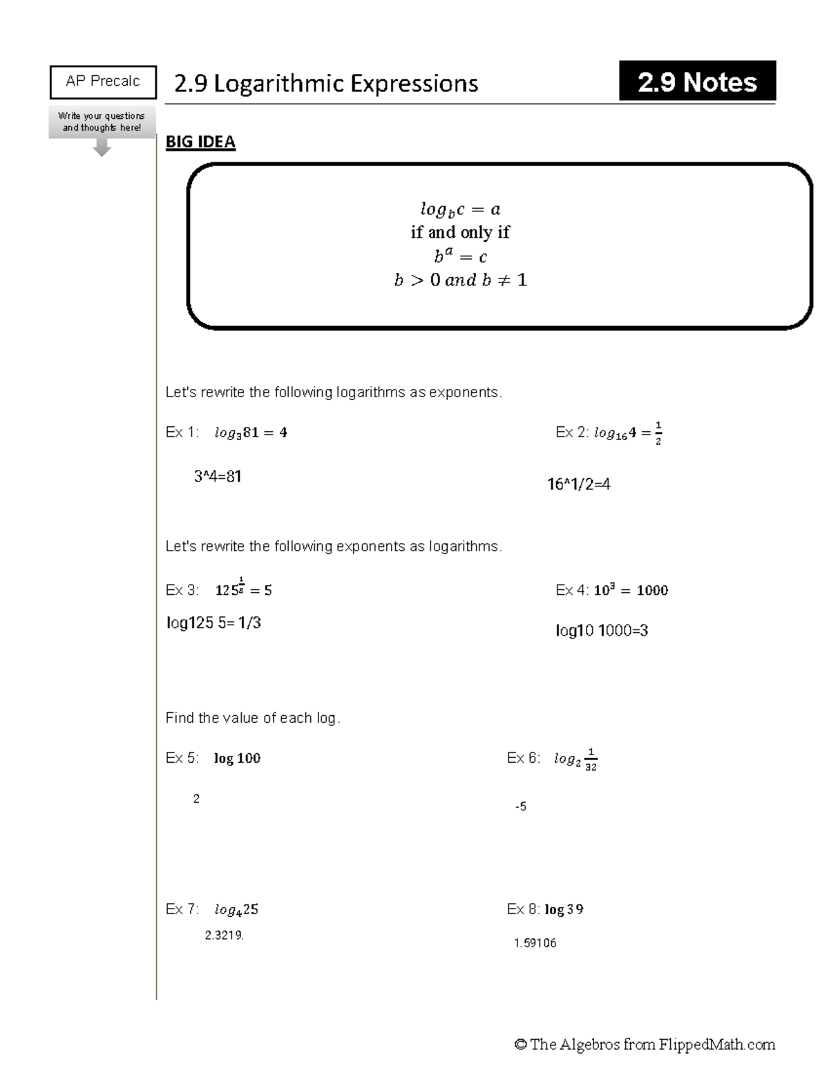 AP Precalc 2.9 Logarithmic Expressions Study Guide - Studocu