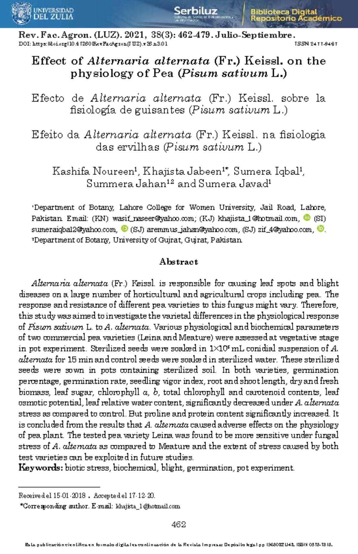 Impact of Alternaria alternata on Pea Physiology: A Study of Varietal ...