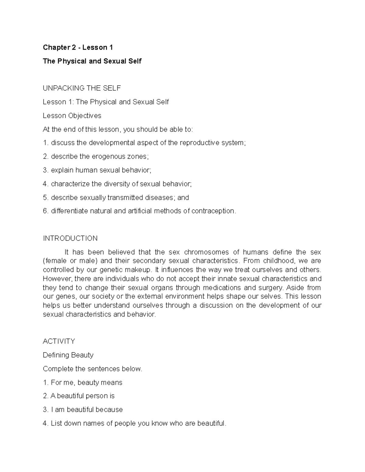 Chapter 2: Lesson 1 - Understanding the Physical and Sexual Self - Studocu