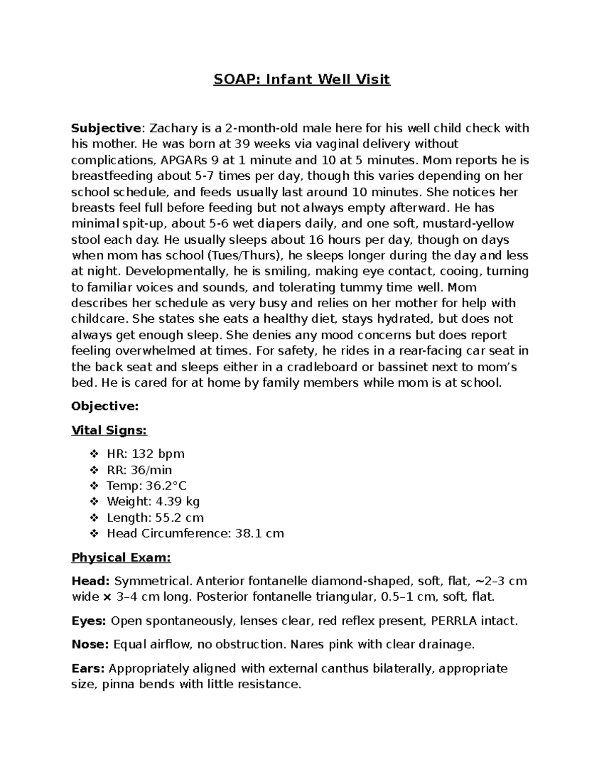 SOAP: Infant Well Visit - Zachary's Health Assessment and Findings ...
