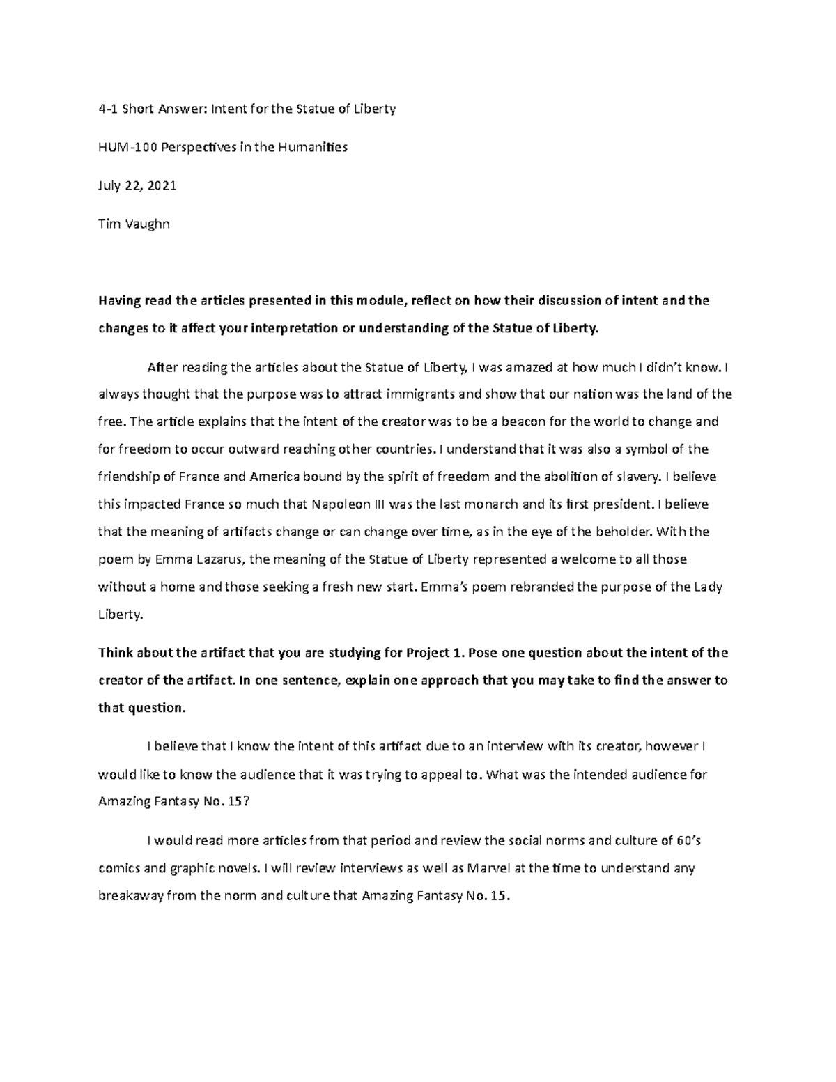 HUM 100 4-1 Short Answer - 4-1 Short Answer: Intent for the Statue of ...