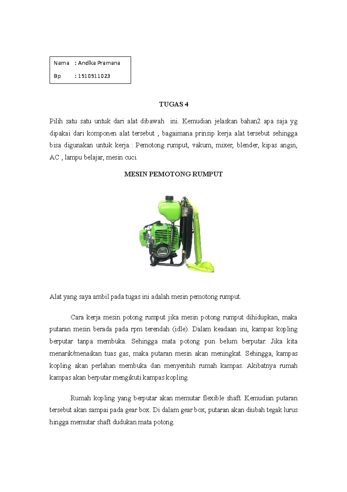 Tugas 4: Analisis Mesin Pemotong Rumput dan Prinsip Kerjanya - Studocu