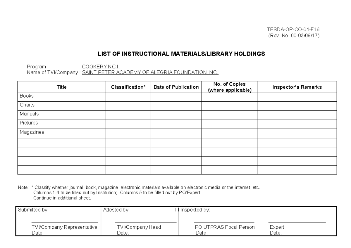 LIST OF INSTRUCTIONAL MATERIALS FOR COOKERY NC II (TESDA-OP-CO-01-F ...