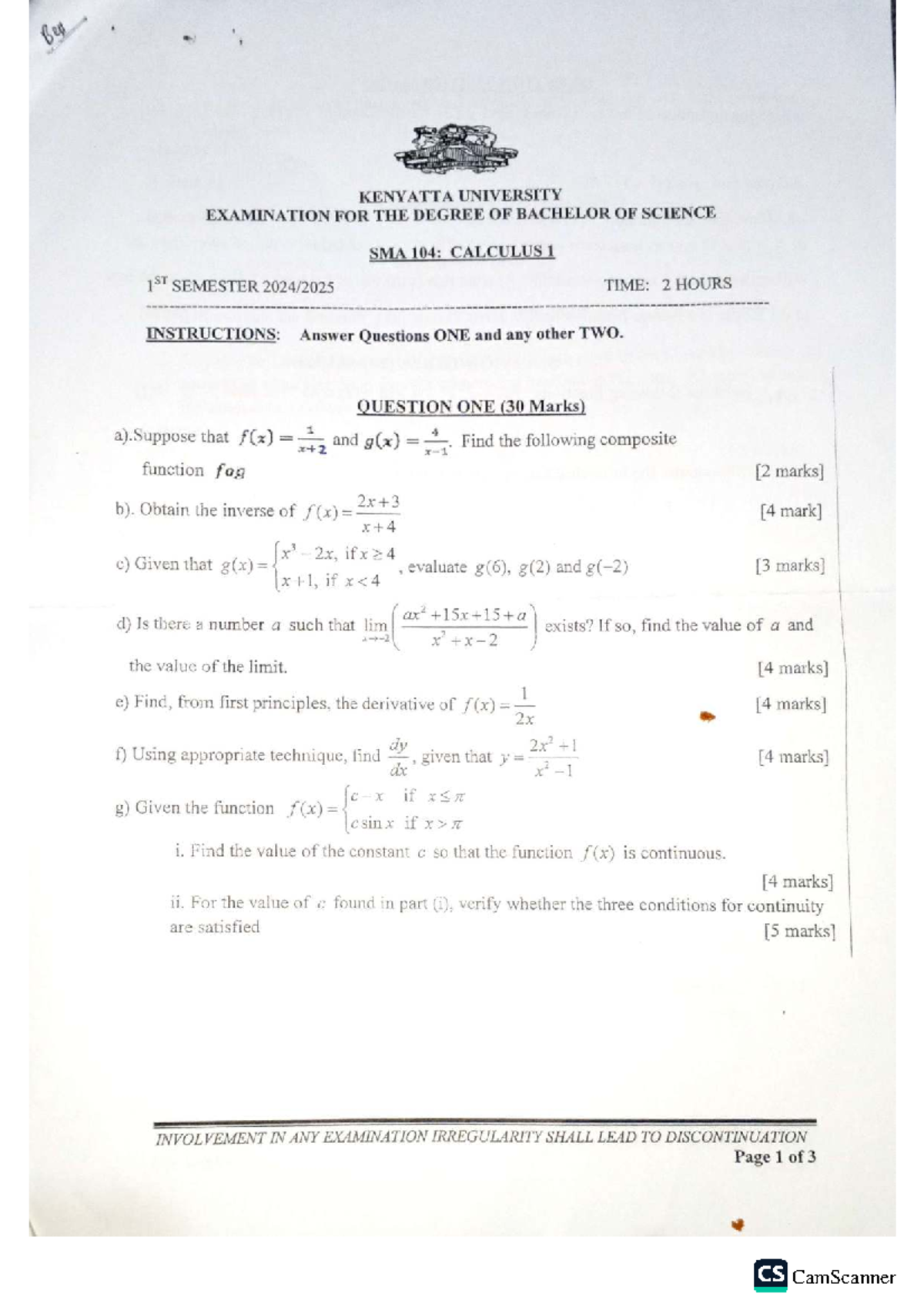 PP SMA 104: Calculus 1 Past Exam Paper - 1st Semester - Studocu