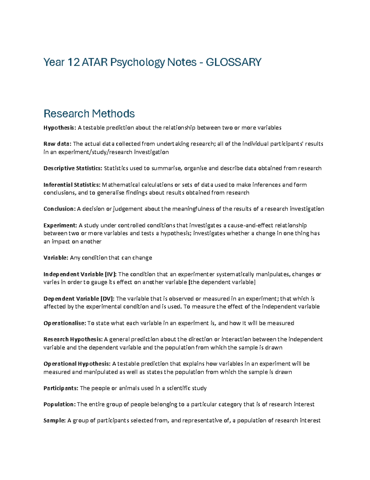 Glossary of Key Terms - Year 12 ATAR Psychology Notes - Studocu