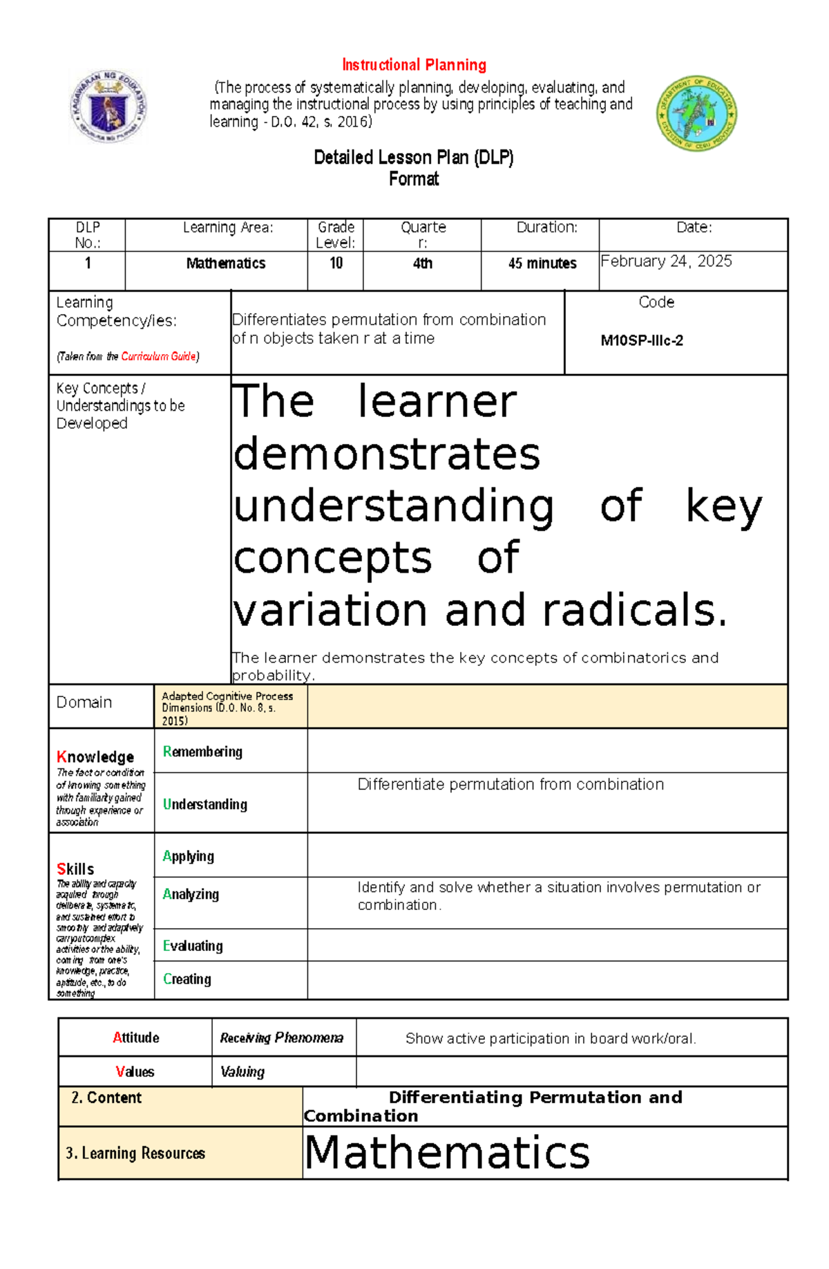 Mathematics DLP: Differentiating Permutation and Combination (Grade 10) - Studocu