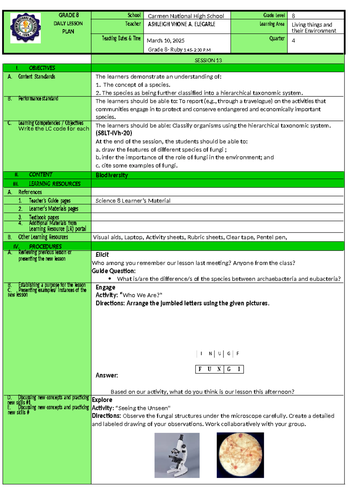 GRADE 8 DAILY LESSON PLAN: Fungi and Their Roles in the Environment ...