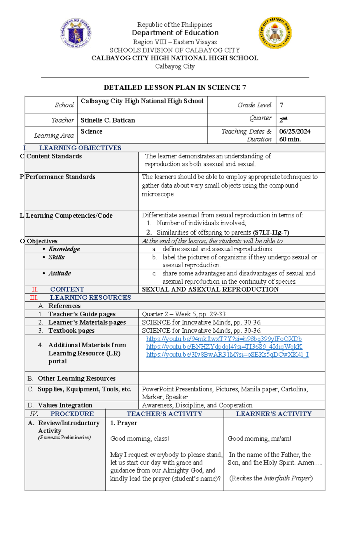 DEMO-JHS-Detailed-LP Perfect - Republic of the Philippines Department of Education Region VIII ...