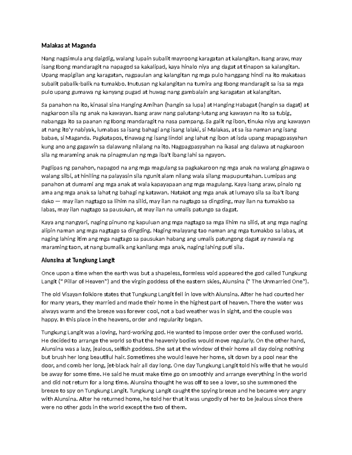 Malakas at Maganda - Mythology Summaries and Analysis - Studocu