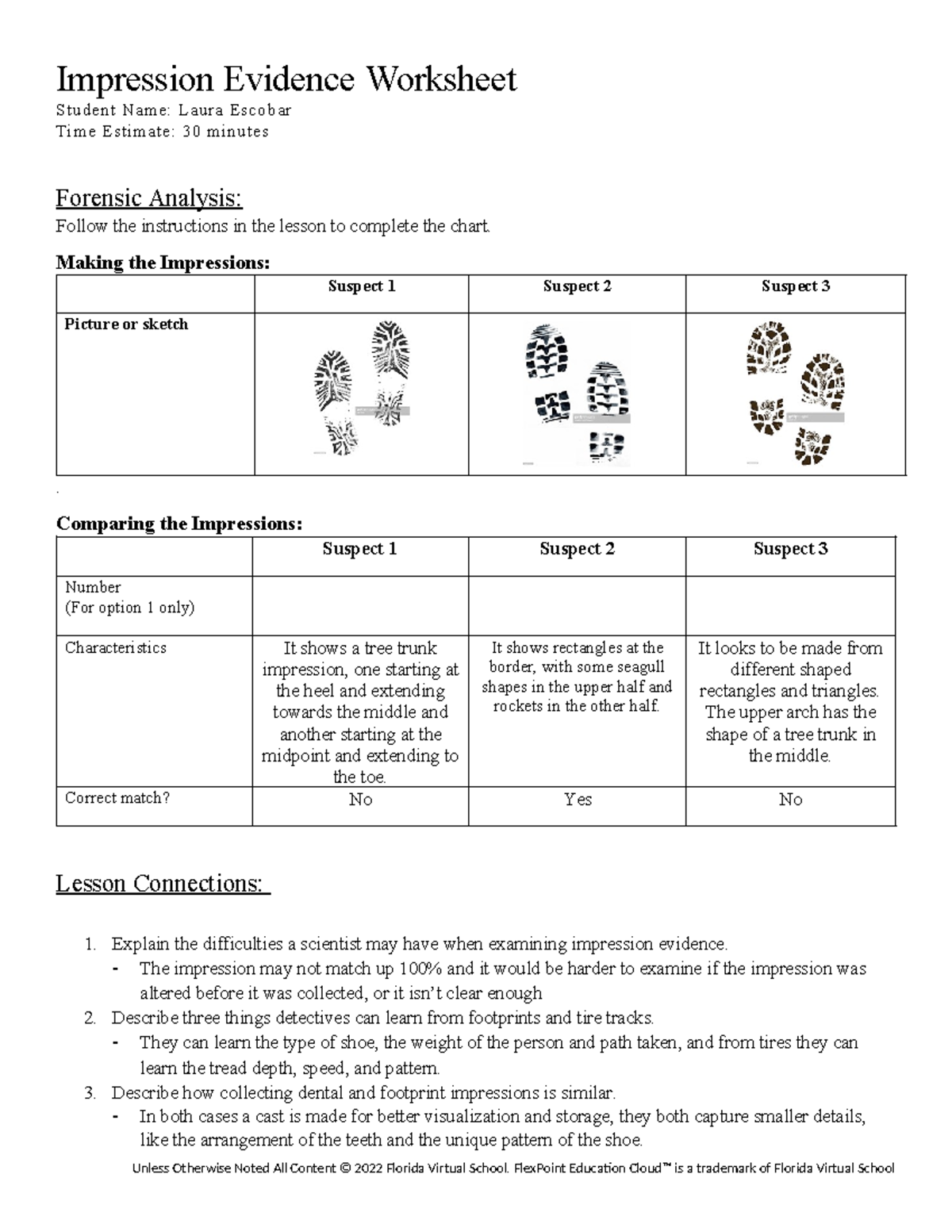 Impression evidence worksheet - Impression Evidence Worksheet Student Name: Laura Escobar Time ...