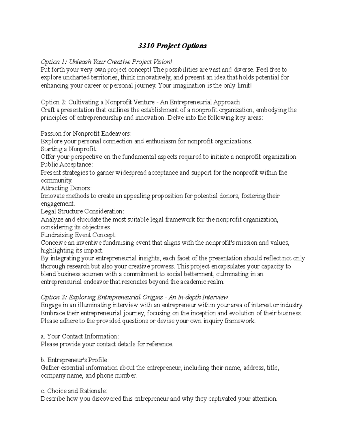 3310 Project Options - Lecture Notes on Creative & Entrepreneurial ...