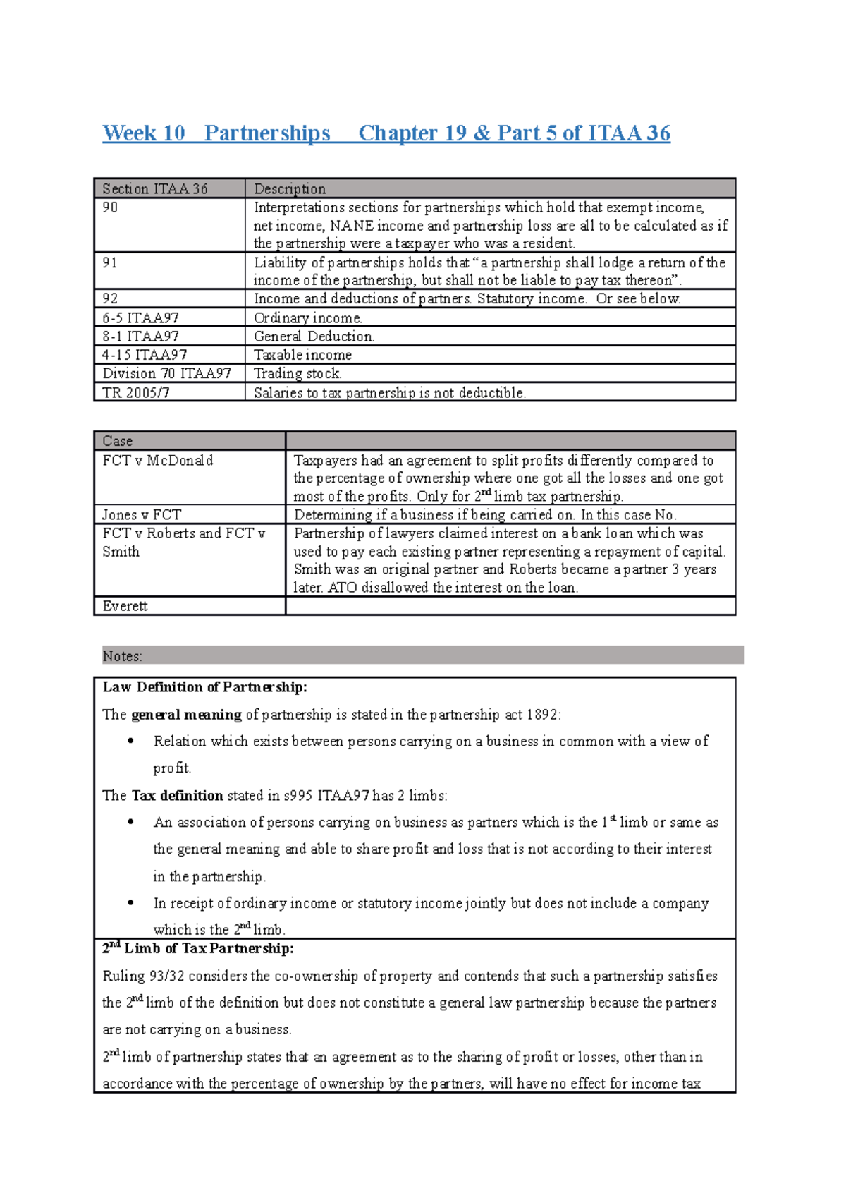 Week 10 Partnerships: Chapter 19 Overview & Key ITAA 36 Insights - Studocu
