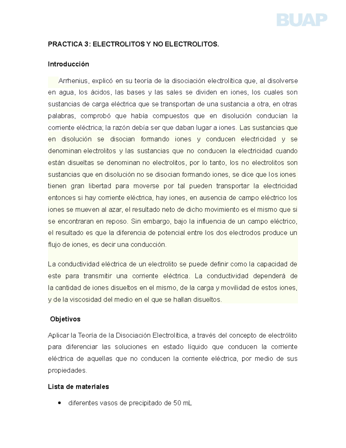 Practica 3 quimica general - PRACTICA 3: ELECTROLITOS Y NO ELECTROLITOS ...