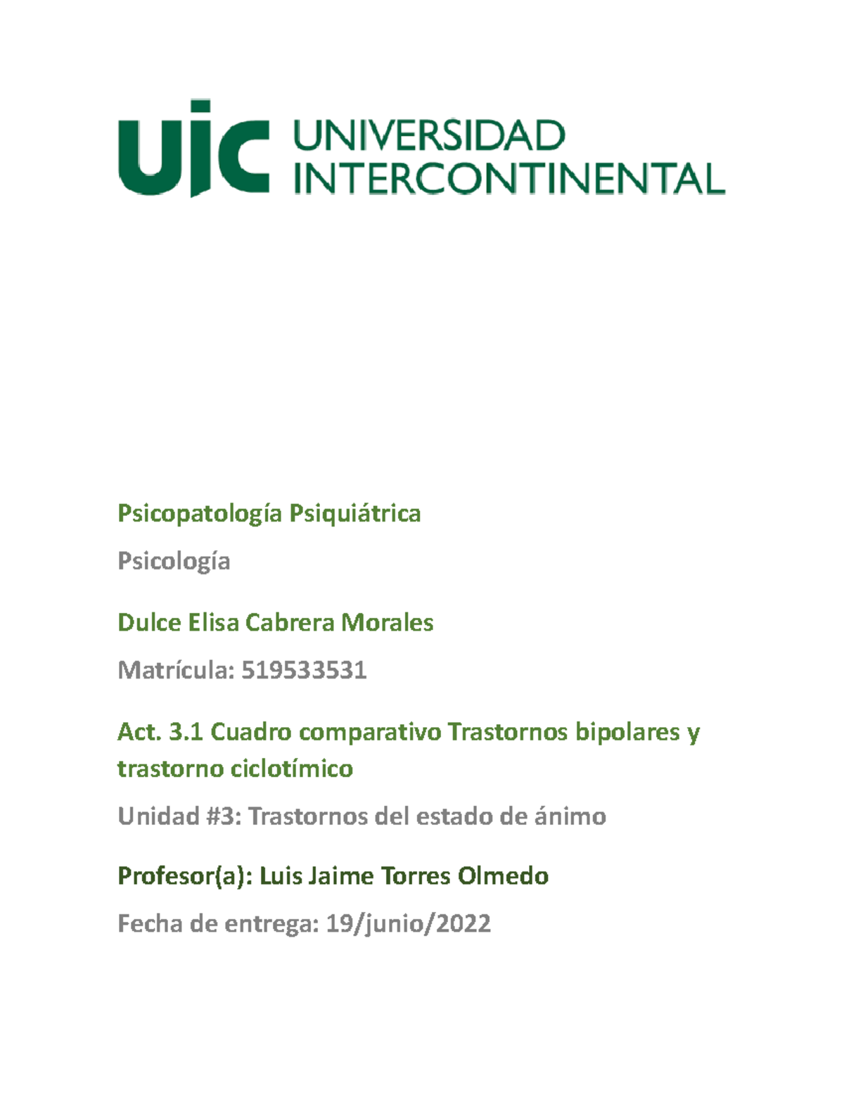 Cuadro Comparativo de Trastornos Bipolares y Ciclotímico ...
