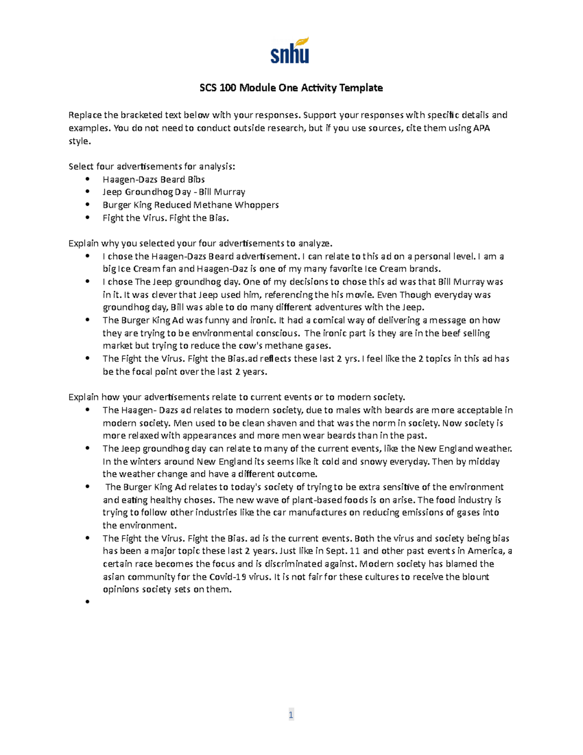 SCS 100 Module One Activity - Support your responses with specific ...