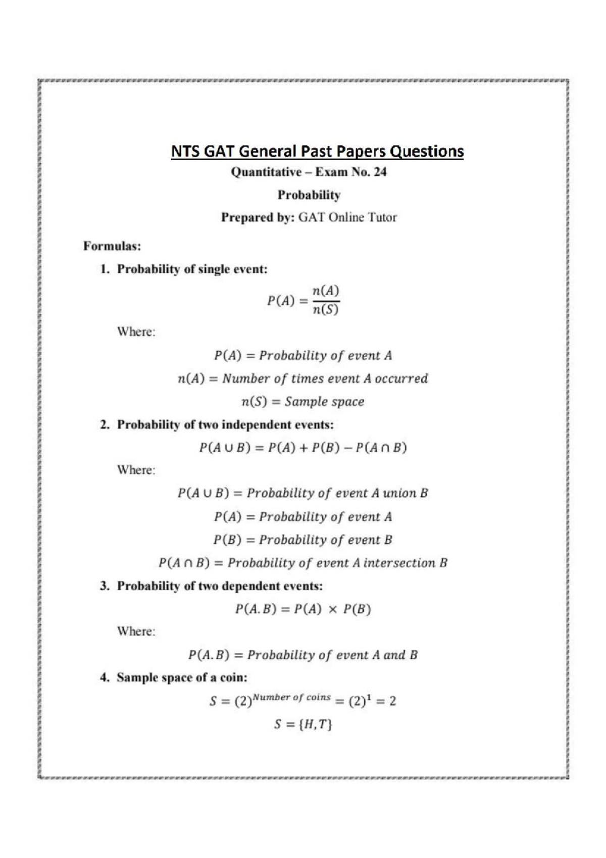 NTS GAT General Quantitative Exam No. 24 Probability Past Papers - Studocu