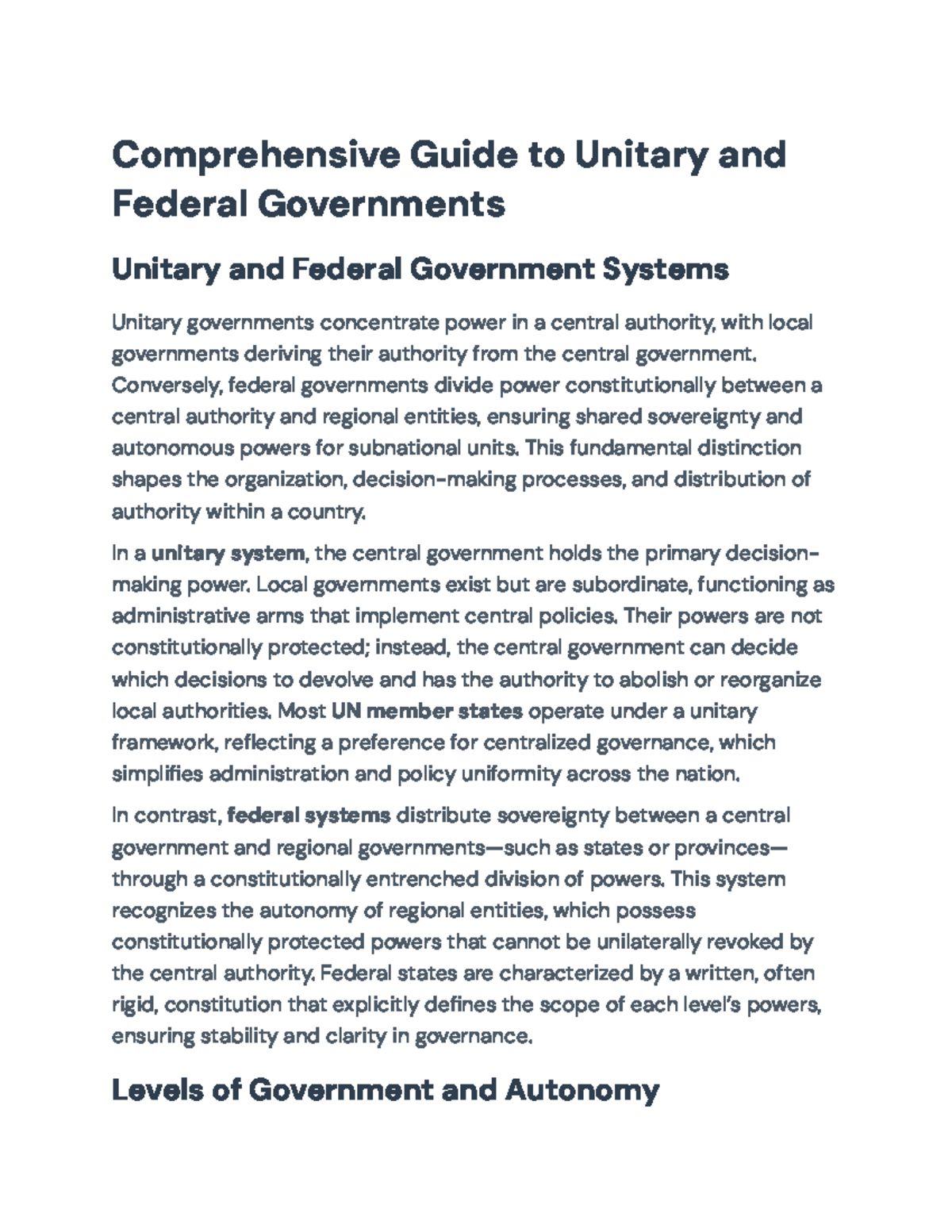 Comprehensive Overview of Unitary, Federal, and Semifederal Governments ...