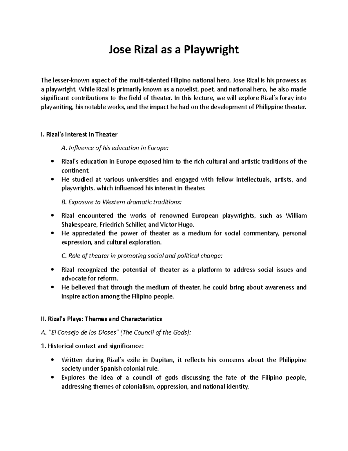Jose Rizal's Playwriting: A Study of Themes and Impact - Studocu