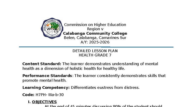 Detailed Lesson Plan on Eustress and Distress - Health Grade 7 (BPED 4B) - Studocu
