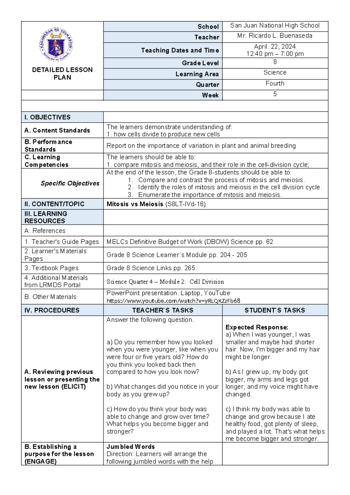 Grade 8 Science: Lesson Plan on Mitosis and Meiosis (S8LT-lVd-16) - Studocu