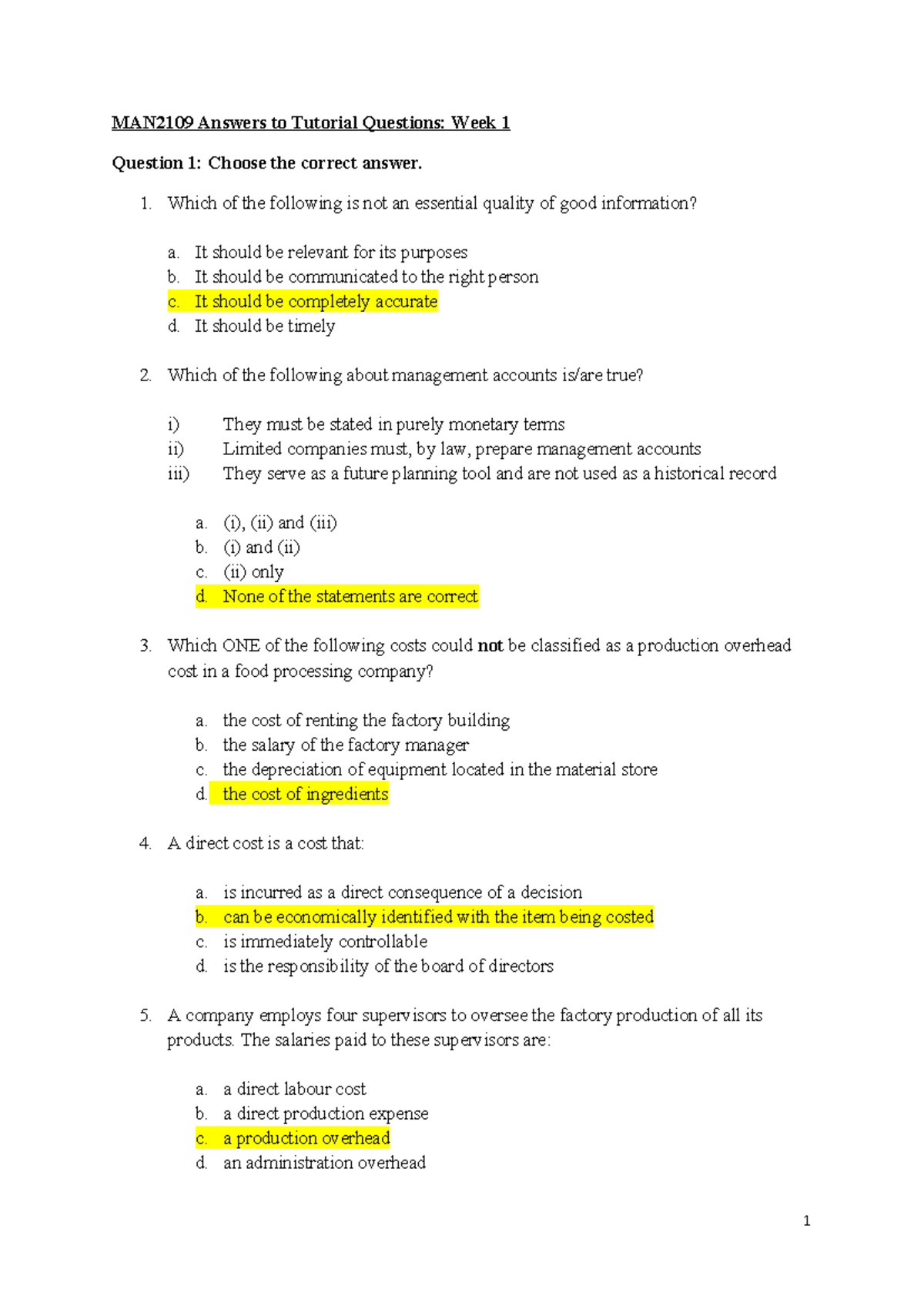 MAN2109 Answers to Tutorial Questions Week 1 - Which of the following ...
