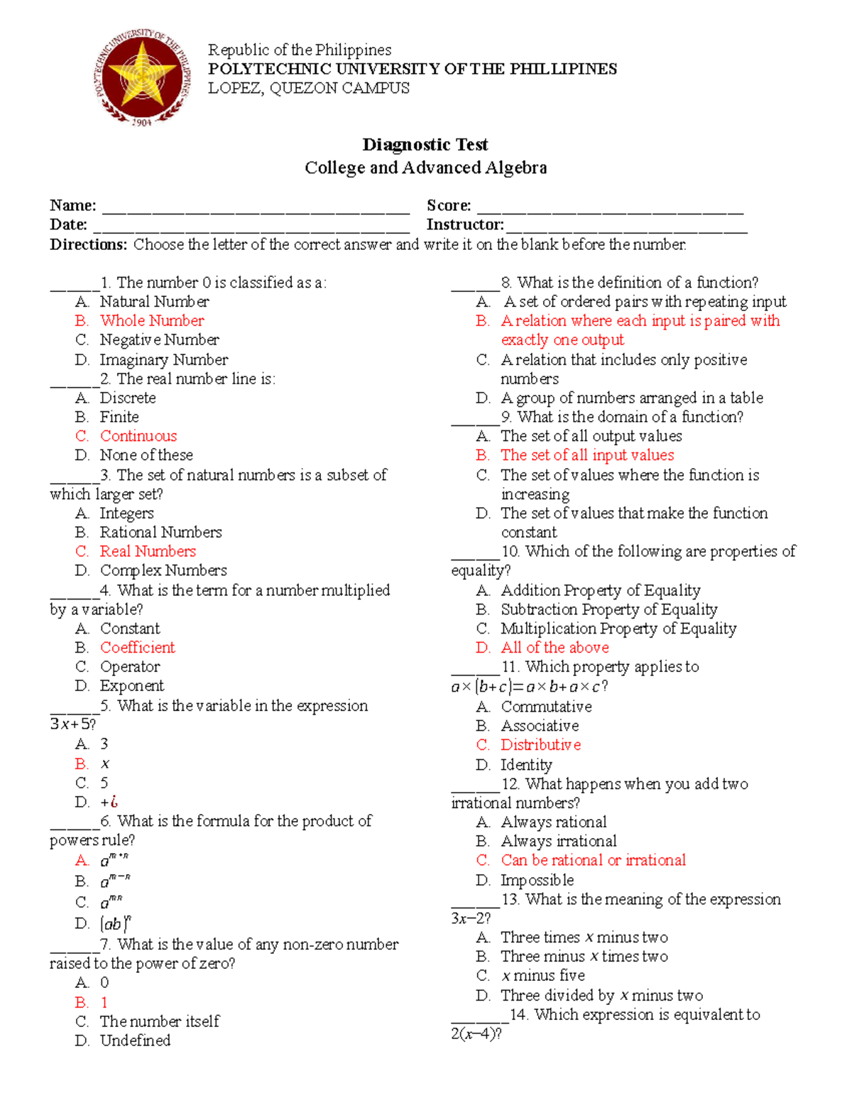 Diagnostic Test Questions for College Algebra (MATH 101) - Studocu