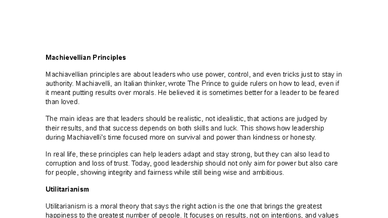 BACC104 - Essay on Machiavellian Principles and Utilitarianism - Studocu
