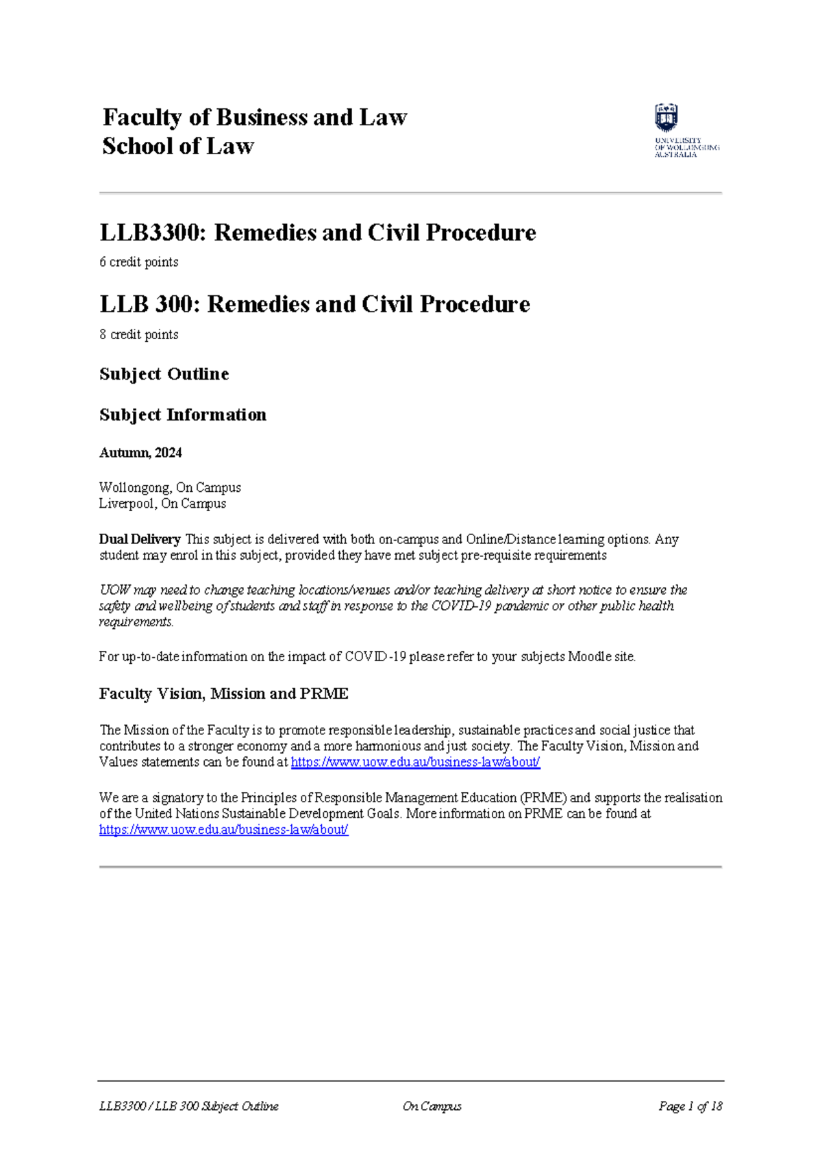LLB3300 Subject Outline: Remedies & Civil Procedure - Autumn 2024 - Studocu
