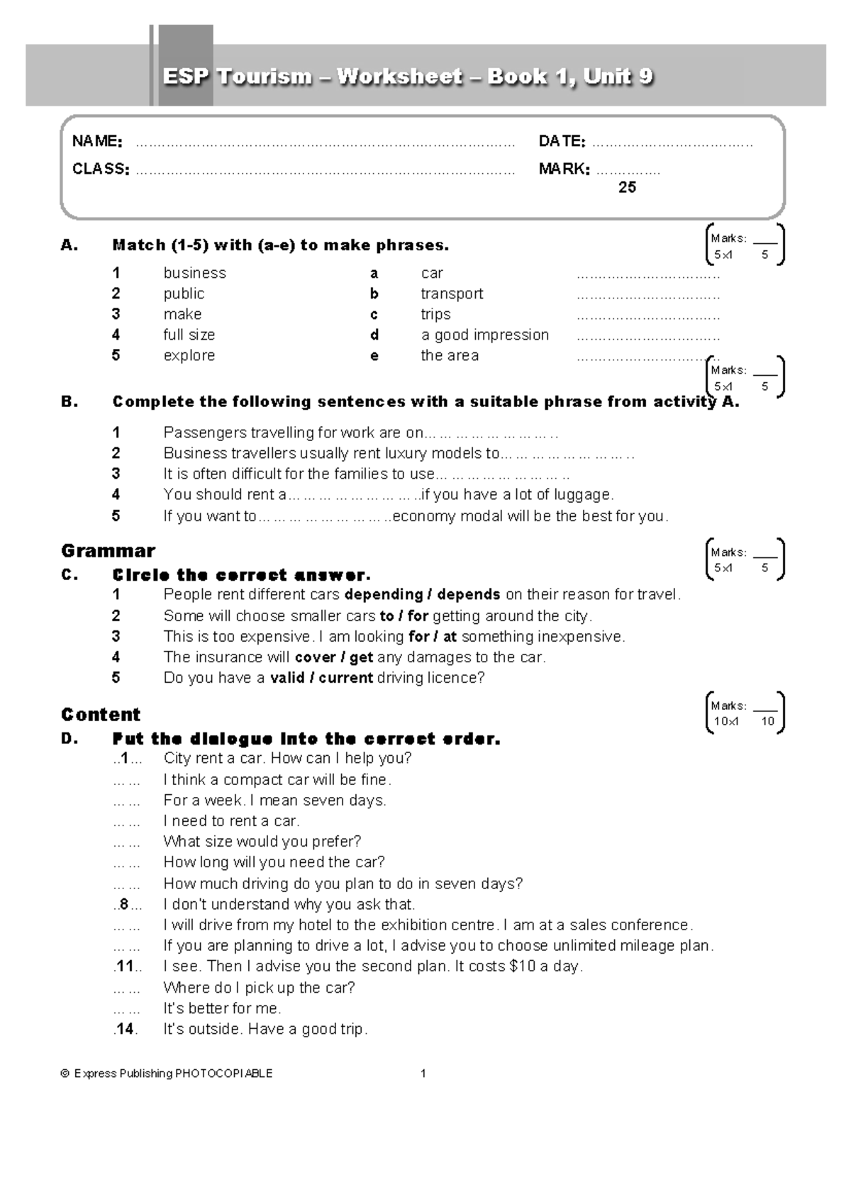 ESP Tourism Worksheet 1: Unit 9 Activities & Exercises - Studocu