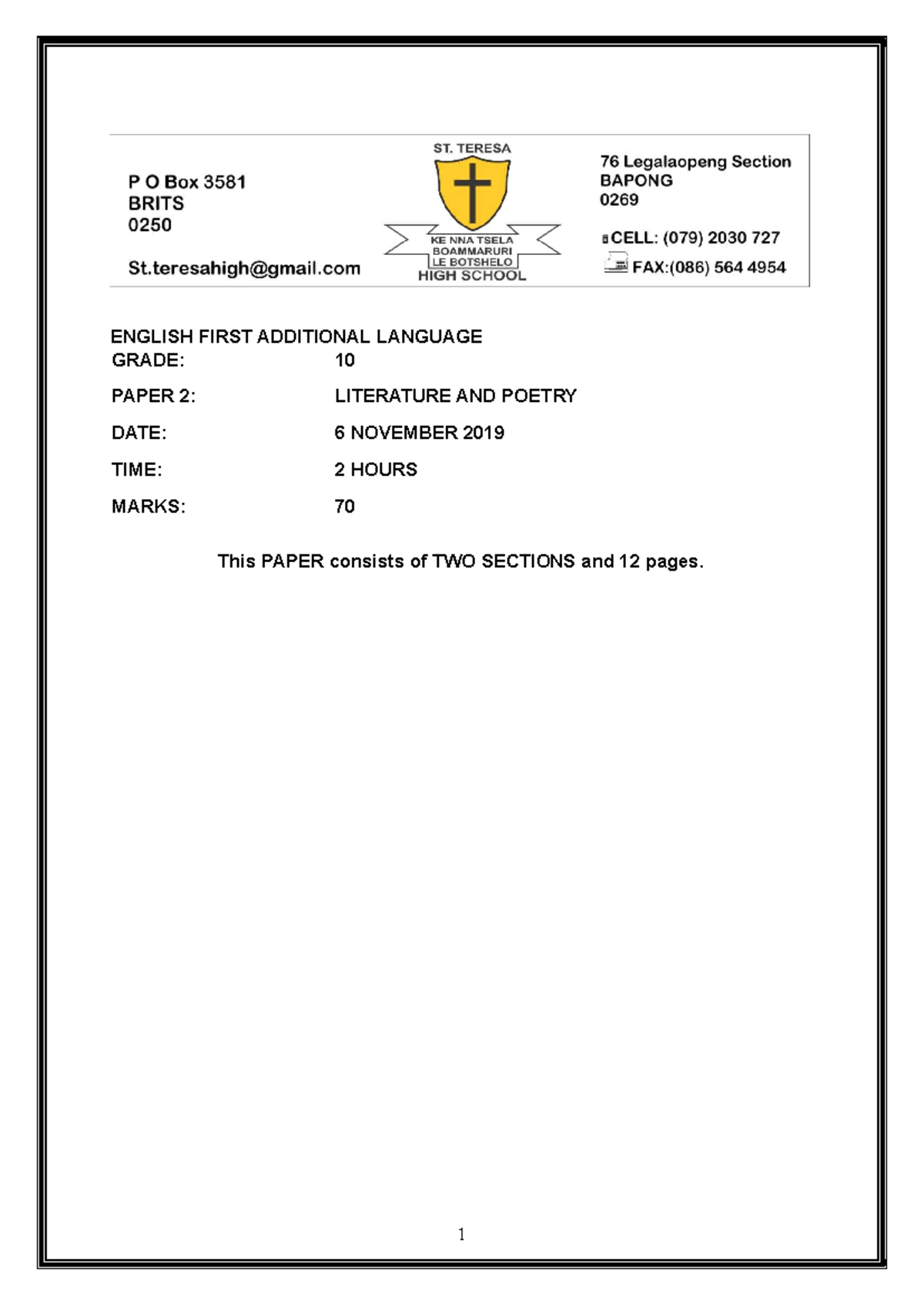 ENGLISH FIRST ADDITIONAL LANGUAGE GRADE 10 PAPER 2: LITERATURE & POETRY ...