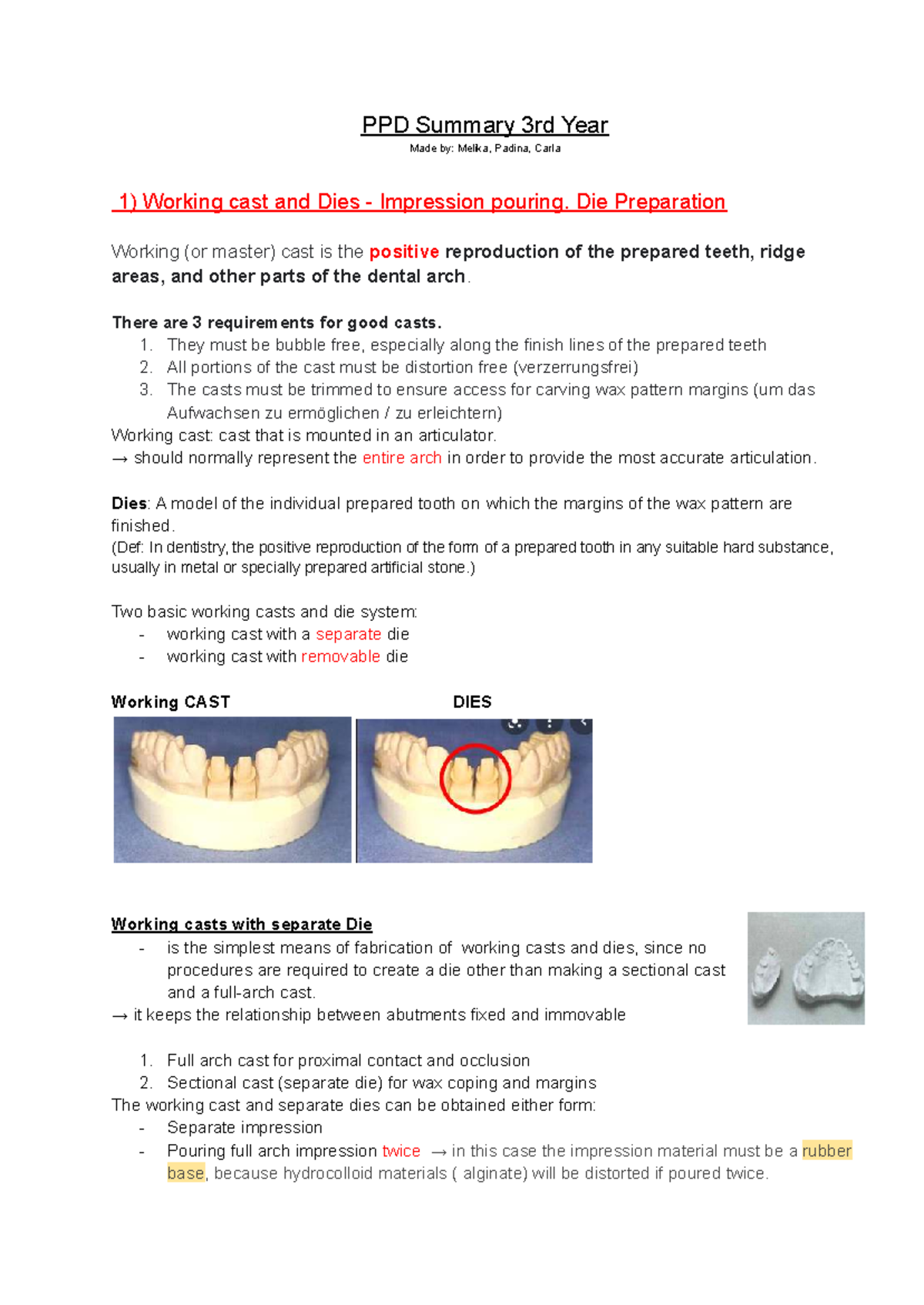 PPD Summary: Working Casts and Dies Techniques for 3rd Year Dental ...