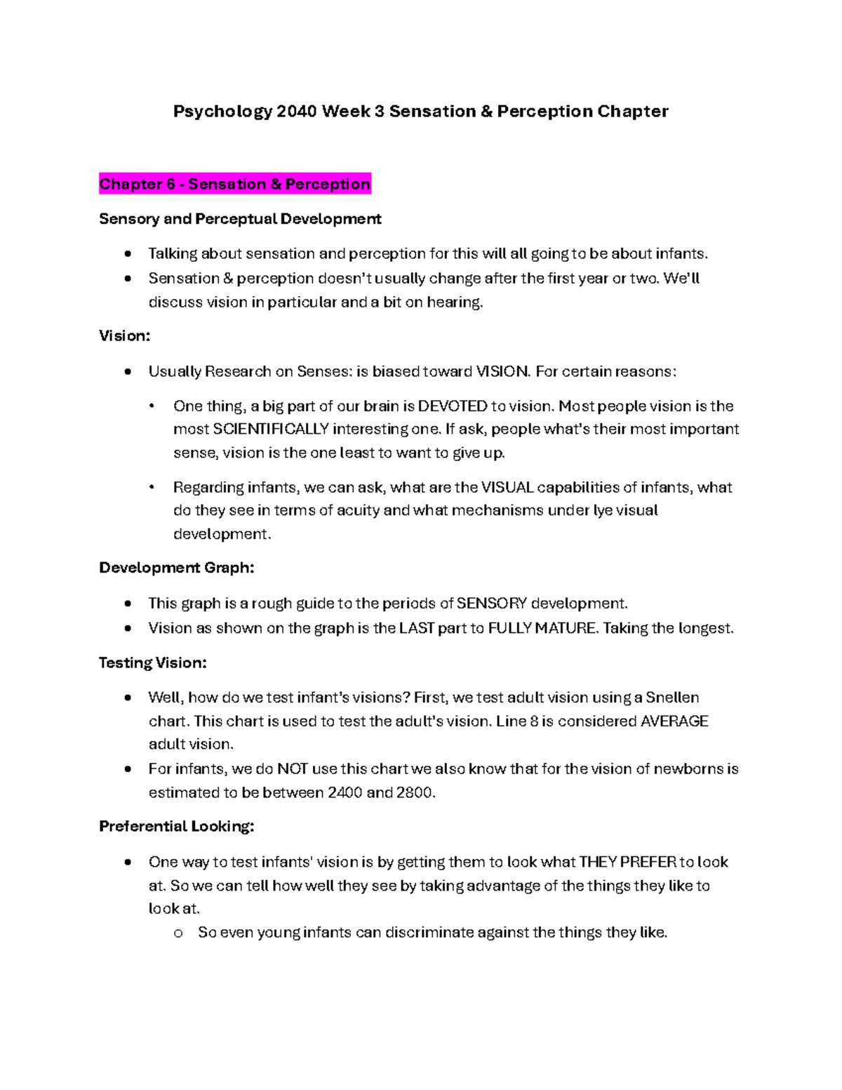 Psychology 2040 Week 3: Sensory & Perceptual Development in Infants ...