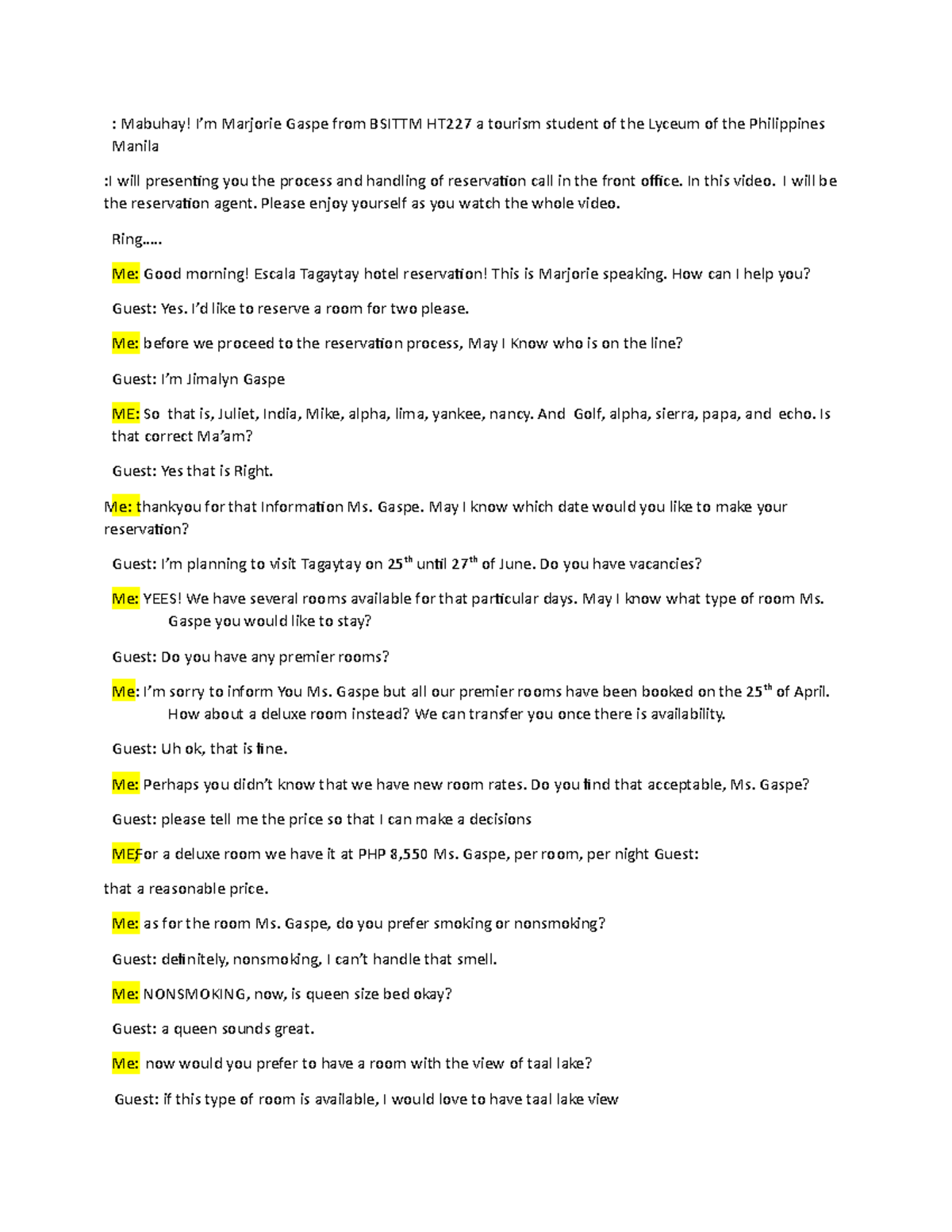 Reservation Script - ... - Me: Me: Me: Me: ME; Me: Me: Me: : Mabuhay! I ...