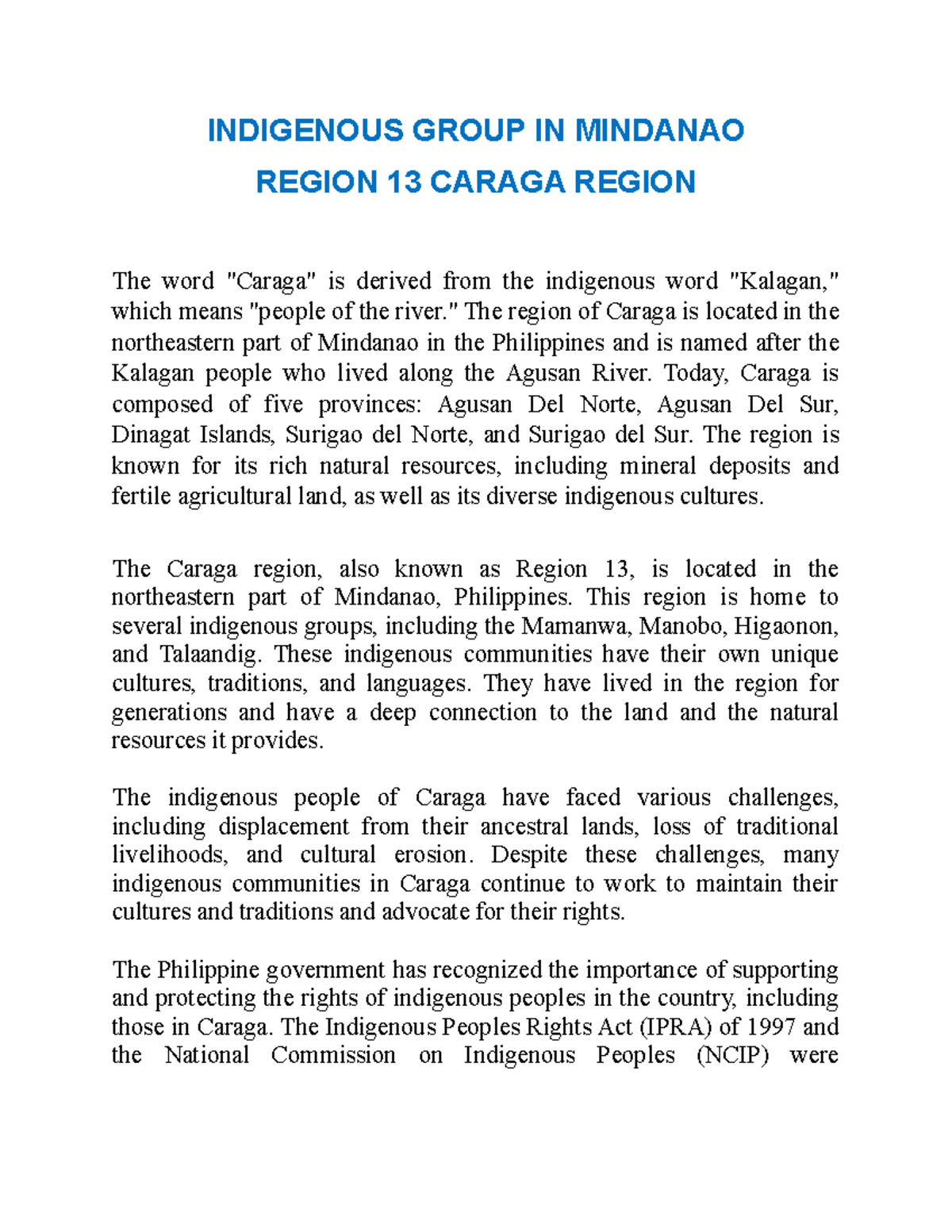 Indigenous Cultures and Heritage of Caraga Region (Region 13) - Studocu