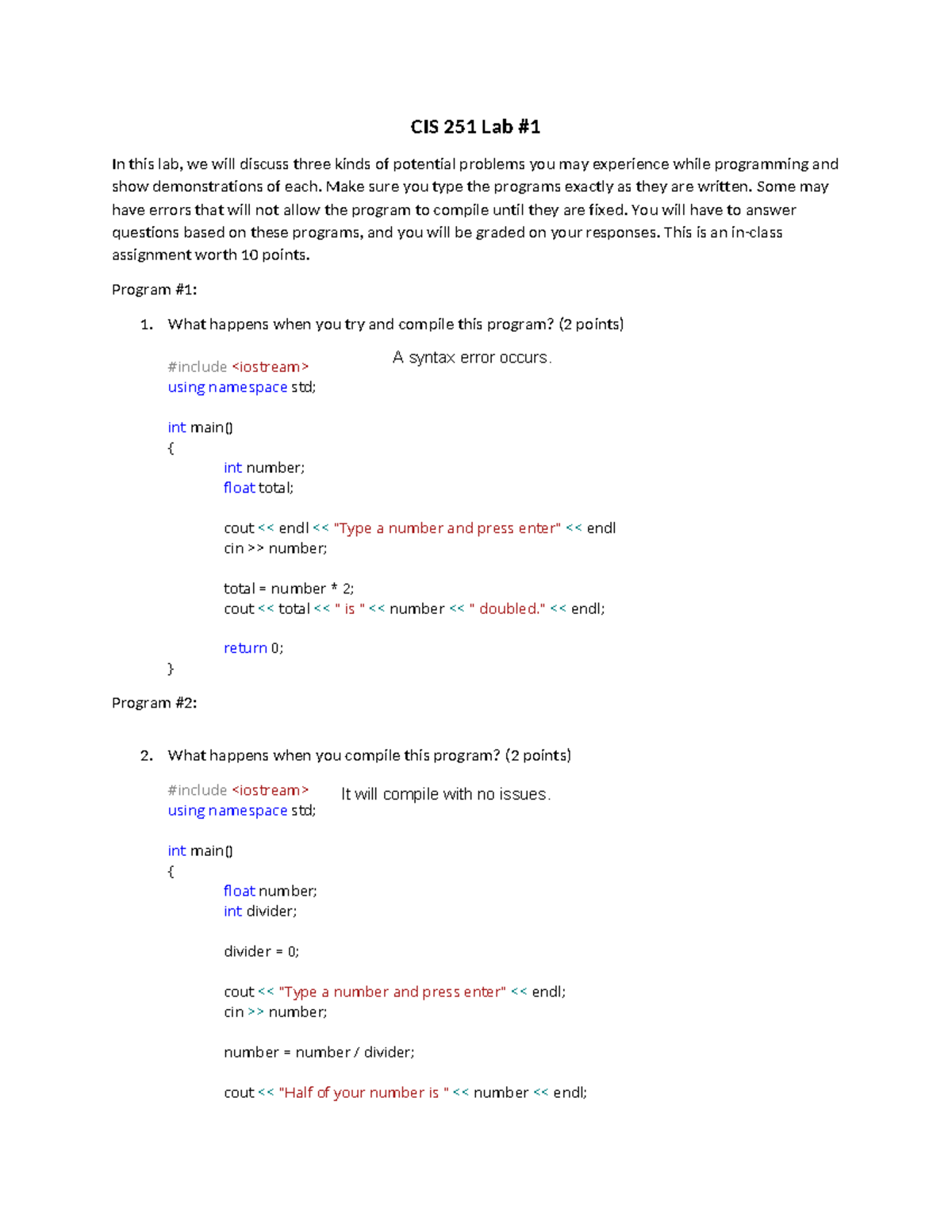 CIS 251 Lab Assignment: Programming Error Analysis and Solutions - Studocu