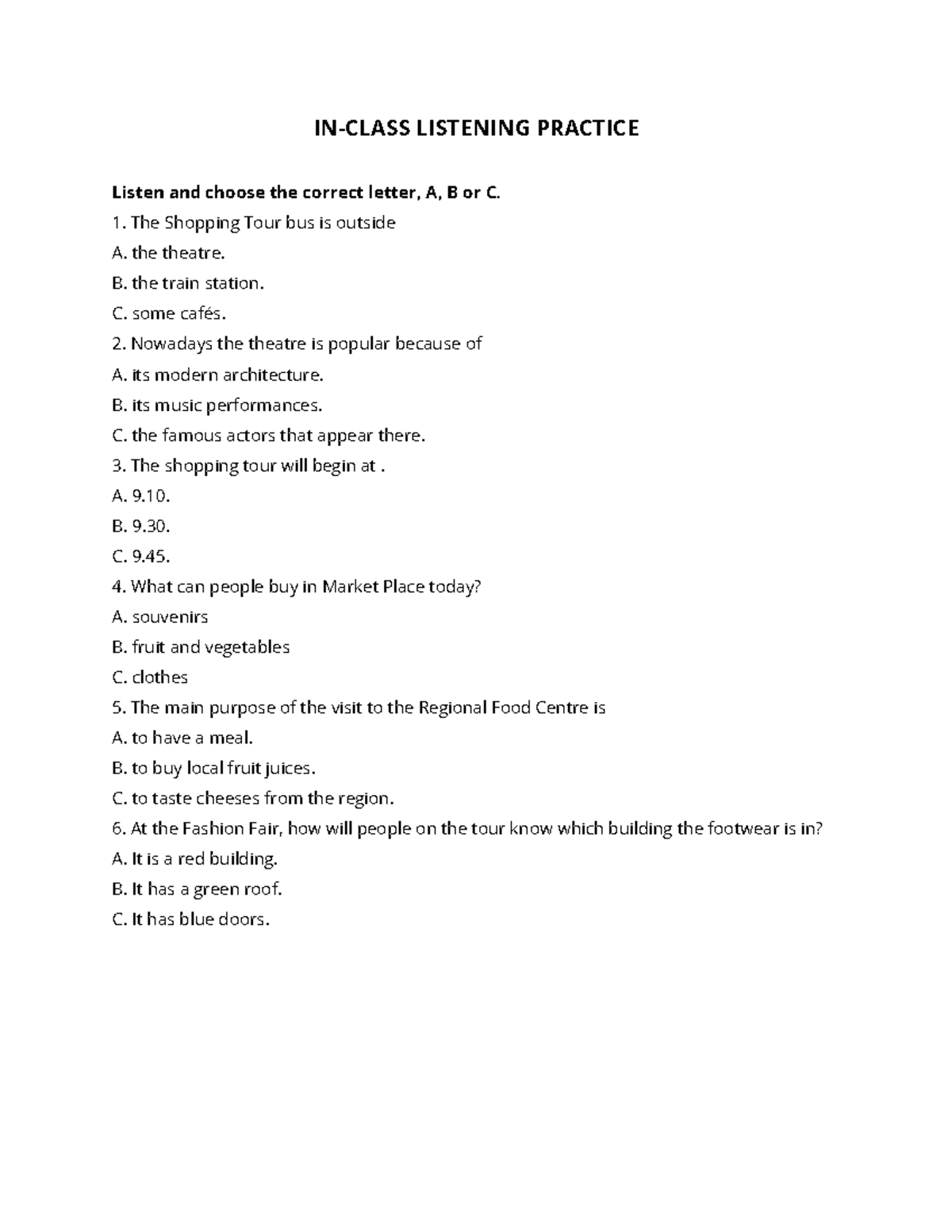 In-Class Listening Practice: Shopping Tour Insights & Activities - Studocu