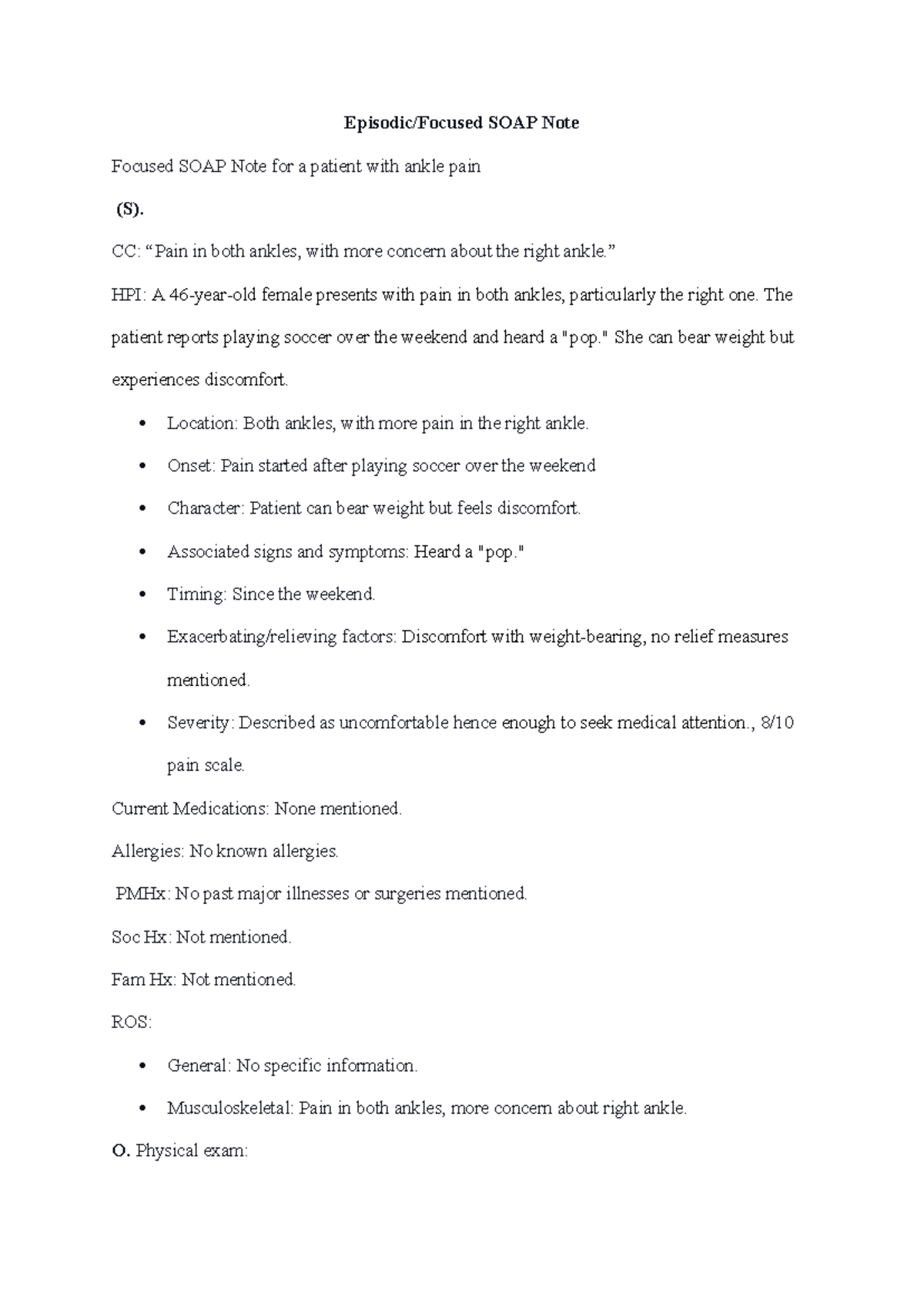Episodic Focused SOAP Note: Ankle Pain Assessment and Diagnosis - Studocu