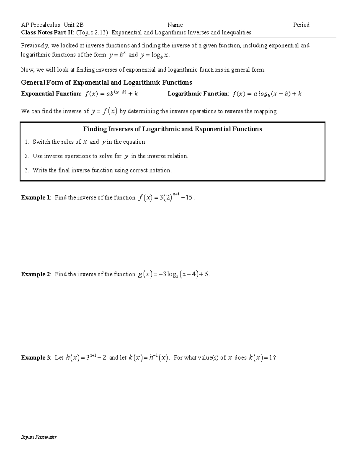 AP Precalculus U02B Class Notes: Exponential & Logarithmic Inverses ...