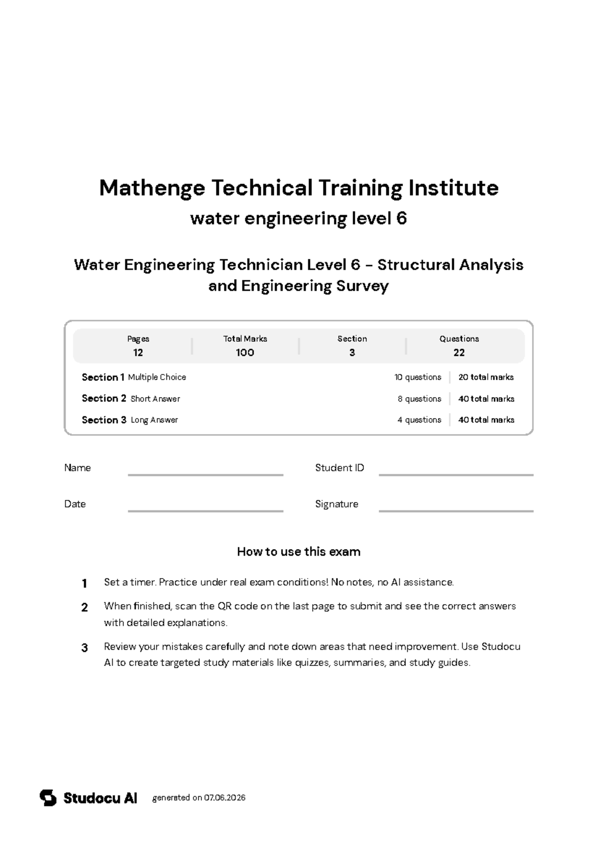 Water Engineering Level 6 - Structural Analysis Exam - Studocu