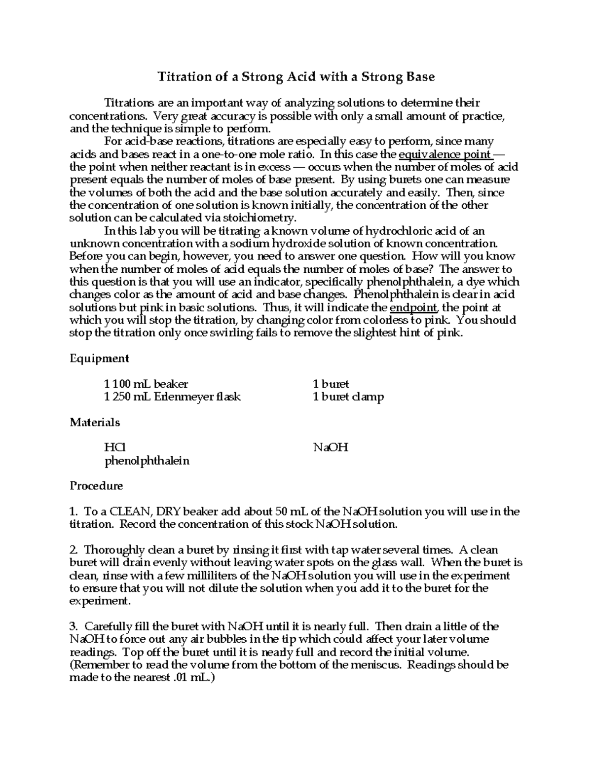 10A B Titration Lab: Strong Acid-Base Analysis - Studocu