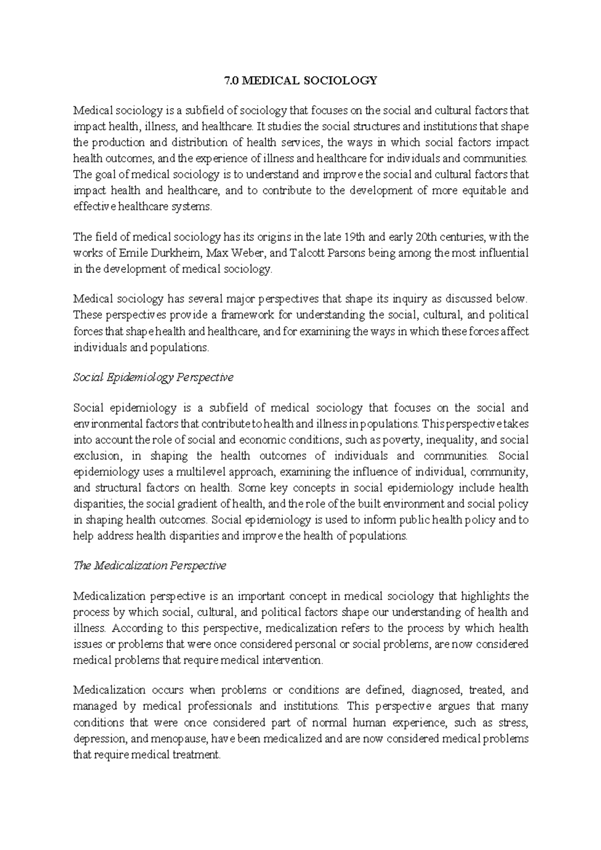 7.0 Medical Sociology - Comprehensive Lecture Notes on Key Perspectives ...