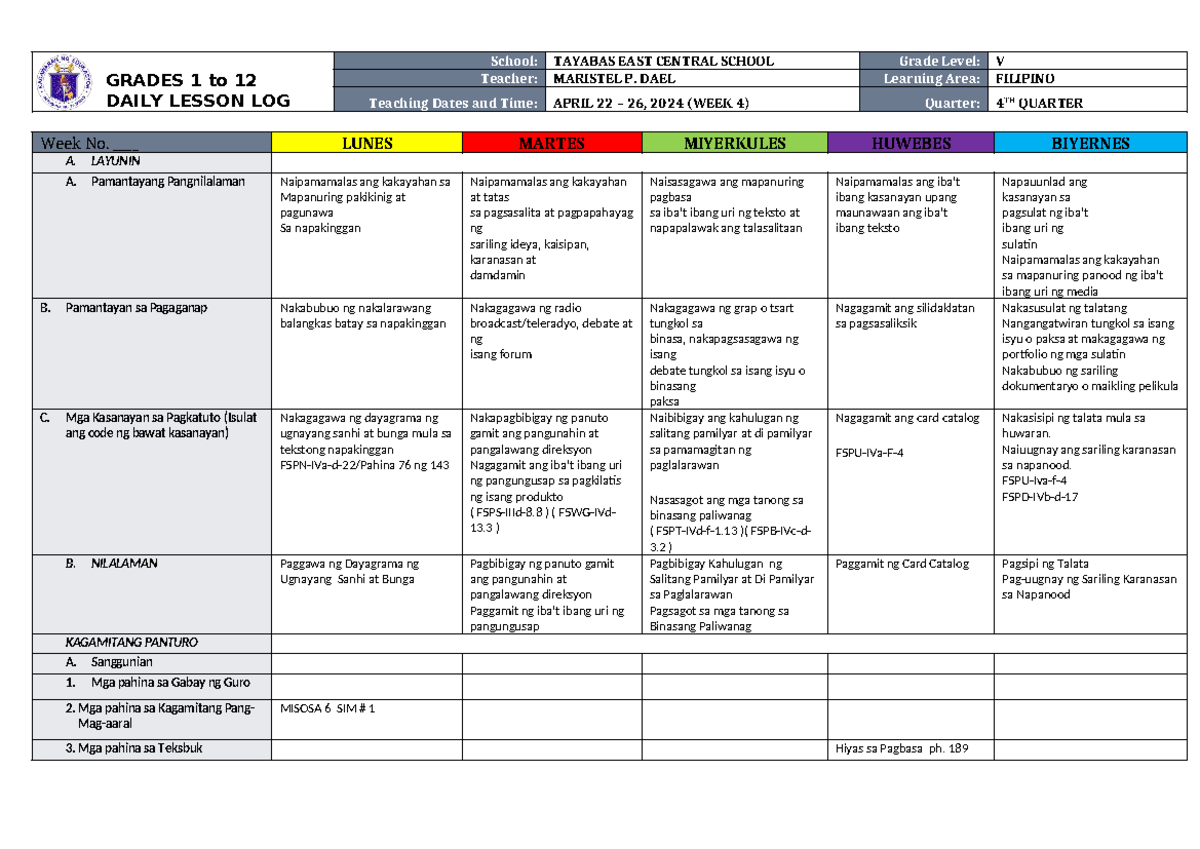 DLL Filipino 5 Q4 W4 - Paggawa ng Hugnayang Pangungusap - Studocu