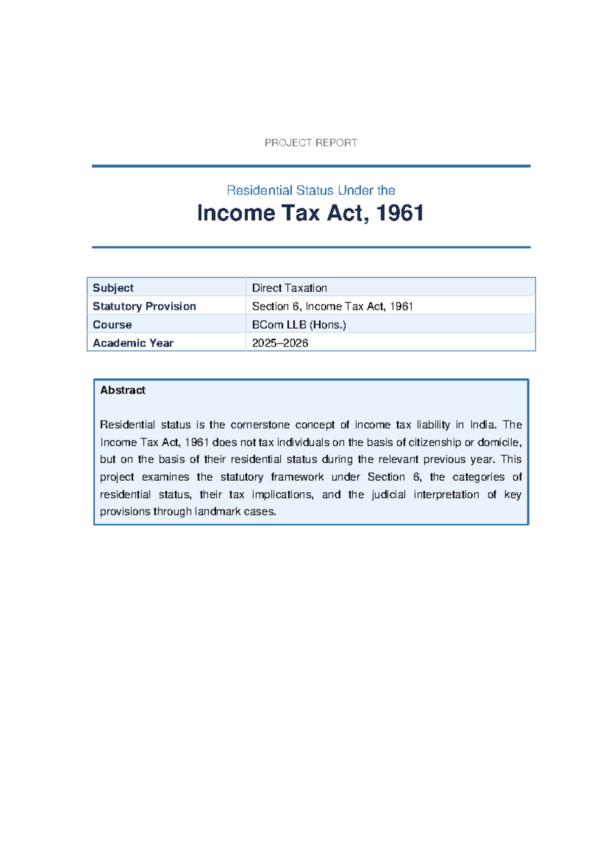 BCom LLB (Hons.) Project Report on Residential Status Under Income Tax ...