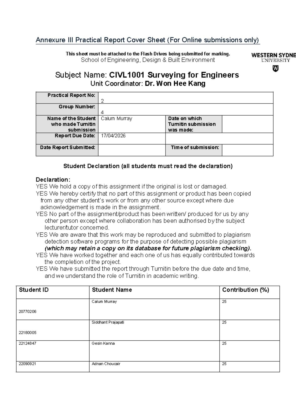 CIVL1001 Surveying for Engineers Practical Report 2 - Studocu