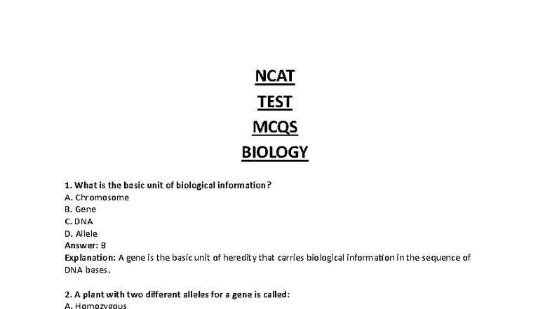 NCAT TEST 15 - MCQs on Biology, Chemistry, Physics, and English - Studocu
