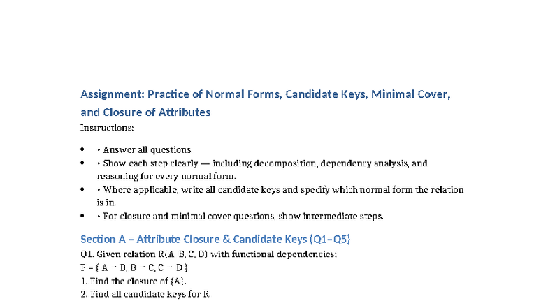 DBMS Assignment: Normal Forms, Candidate Keys & Minimal Cover - Studocu
